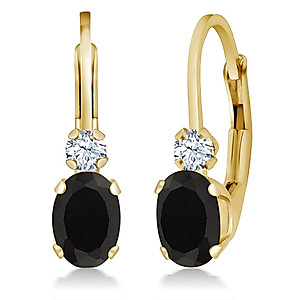 Gem Stone King 14K Yellow Gold Black Onyx and White Created Sapphire Leverback Earrings For Women | 0.86 Cttw | Gemstone December Birthstone | Oval 6X4MM, Round 2MM | 3/4 Inch