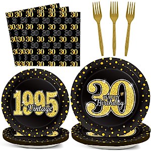 96PCS 30th Theme Birthday Party Tableware Vintage 1995 Party Supplies 30 Year Old Birthday Party Decorations Plates Napkins Forks Black and Gold Dinnerware Favors for Men or Women