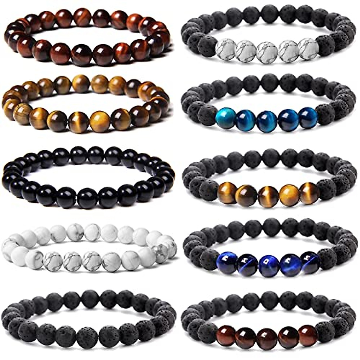 WAINIS 10 Pcs 8mm Gemstones Beaded Bracelets for Men Women Lava Stone Essential Oil Diffuser Healing Stretch Round Bead Crystal semi-precious Bracelets Unisex