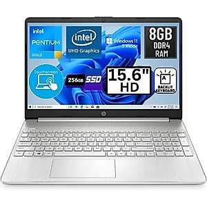 HP 15.6 Inch Touchscreen Laptop Notebook Intel Pentium Gold 7505 8GB DDR4 RAM 256GB SSD Backlit Numeric Keypad Windows 11 Home S HDMI USB-C SD Card Reader Natural Silver Computer 15-dy2005tg (Renewed)