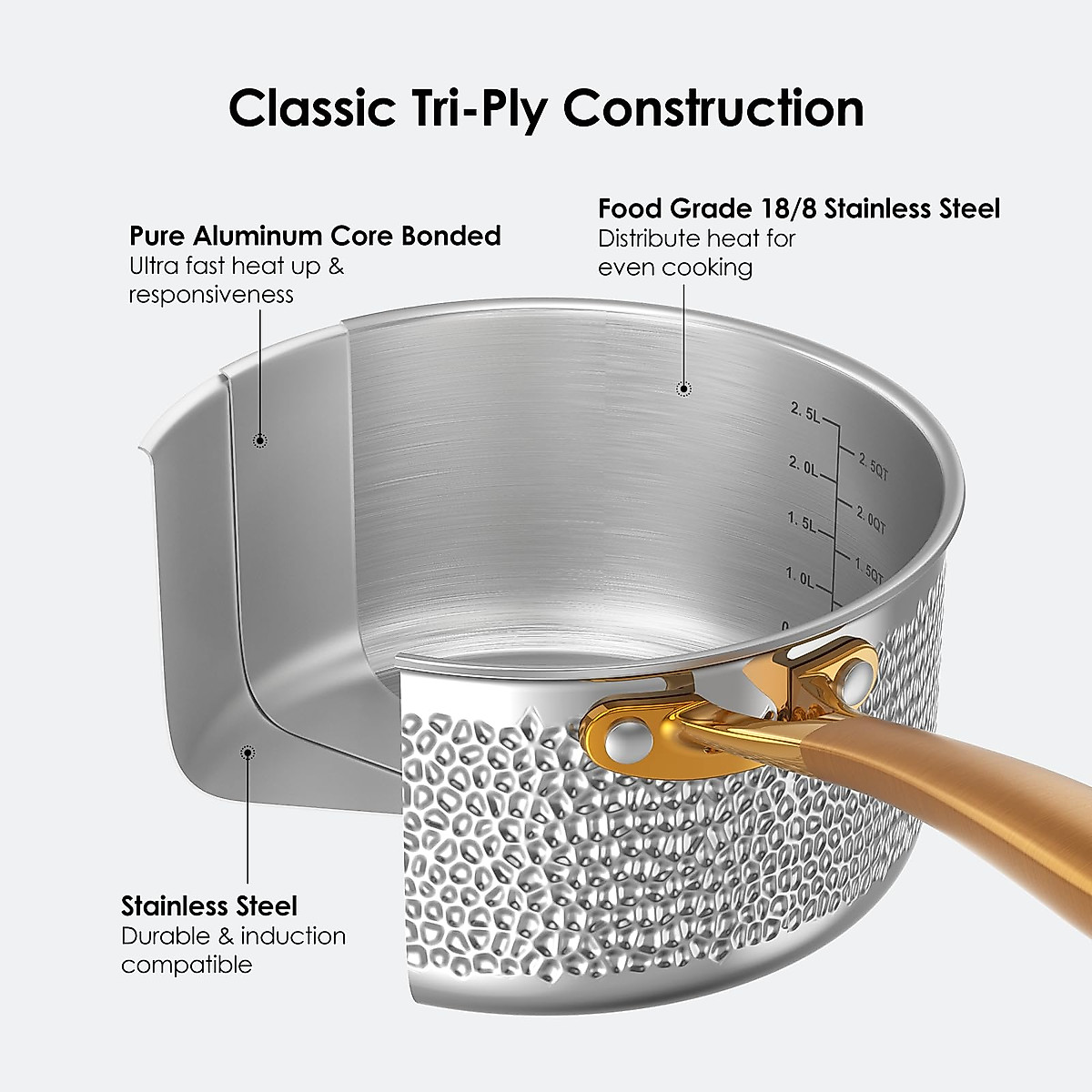 Homaz life 3-Quart Saucepan with Tempered Glass Lid, Tri-Ply Stainless Steel Cookware, Induction Ready, Compatible with All Cooktops, Dishwasher Safe, Non-Toxic, Gold-Colored Stay-Cool Handle