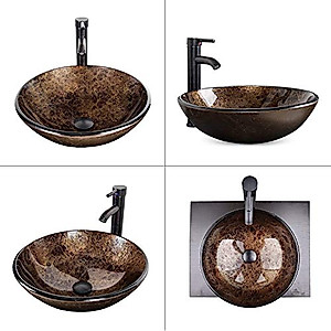 Bathroom Vessel Sink, 16.5" Artistic Glass Bathroom Bowl Basin with Faucet, Mounting Ring and Pop Up Drain, Brown