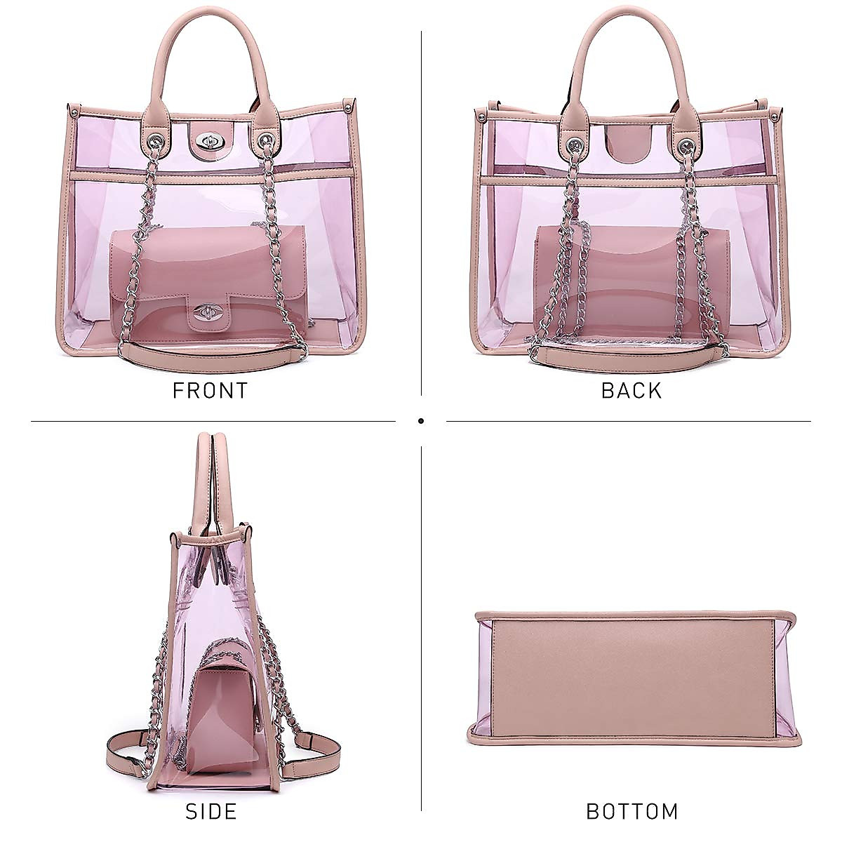 Large Clear Tote Bag PVC Top Handle Shoulder Bag 2 Pieces Set With Turn Lock Closure (Pink)