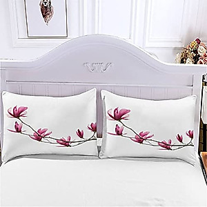 Quilt Cover Twin Size Pink Flower 3D Bedding Sets Magnolia Duvet Cover Breathable Hypoallergenic Stain Wrinkle Resistant Microfiber with Zipper Closure,beding Set with 2 Pillowcase
