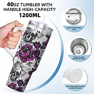 ZHSGNMHH Floral Skull 40oz Tumbler With Handle And Straw Stainless Steel Hot/Cold Travel Coffee Cup With Lid
