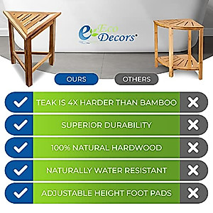 Fully Assembled EcoDecors Flexi Triangle Teak Shaving Shower Stool Bathroom Shelf Chair Caddy Use for Corner Bathroom Seat or Storage 14.5 Inch Radius