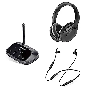 Avantree HT5006 & Aria - Wireless Headphones Earbuds for TV Watching w/Bypass Bluetooth Transmitter & Bluetooth 5.0 Active Noise Cancelling Headphones with No Audio Delay with theTransmitter