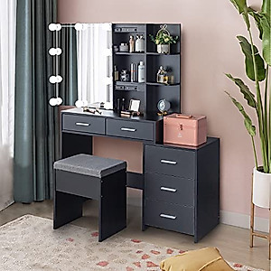 Karl home Lighted Vanity Desk with Sliding Mirror Black Makeup Table with 5 Drawers, Storage Shelves, Cushioned Stool, LED Dressing Table Set for Women