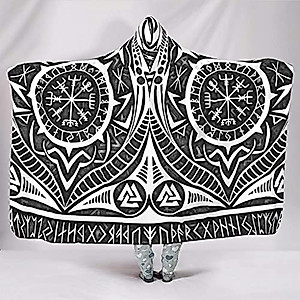 Norse Viking Vegvisir Hooded Blanket Warm Cozy Extra Soft Sherpa Throw Blanket Plush Fleece Blanket Wearable Blanket Hoodie Blanket for Kids and Adults ( Color : A , Size : 70x60in/180x150cm )