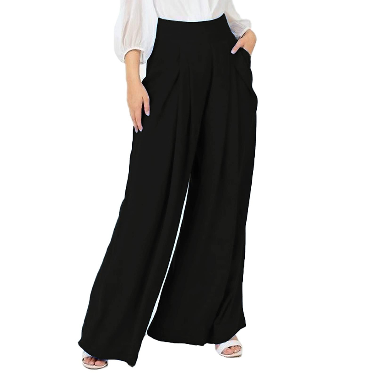 MHGFELKY Women's Palazzo Long Pants High Waist Wide Leg Stretchy Loose Fit Casual Trousers with Pocket Black