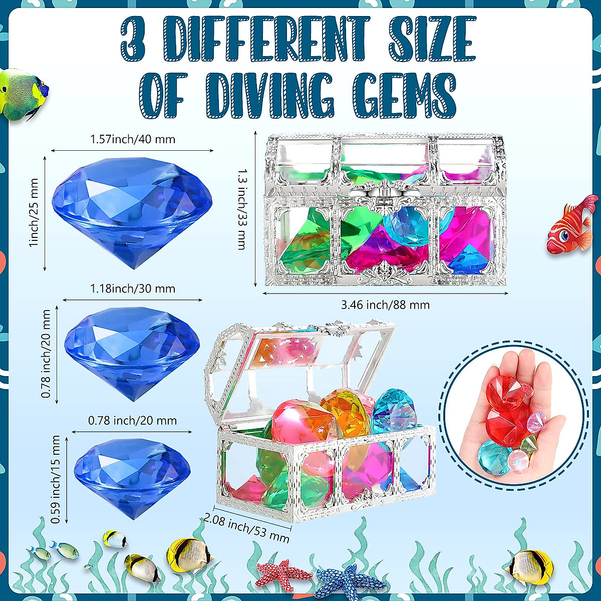 Skylety 24 Pcs Pool Toys for Kids Large Colorful Diving Gems Diamond with 2 Treasure Pirate Chest Mermaid Pool Toys for 8-12 Age Underwater Gemstone Swimming Training Gift Water Games(Classic Style)