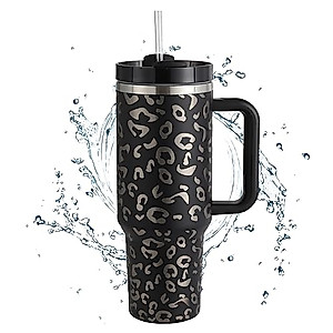 PIMDIR Black 40oz Leopard Tumbler With Handle Straw Lid, Insulated Stainless Steel Travel Cup iced Coffee Mug Keep Cold, Birthday Gifts For Women Men Lovers, Car Cup Holder Friendly
