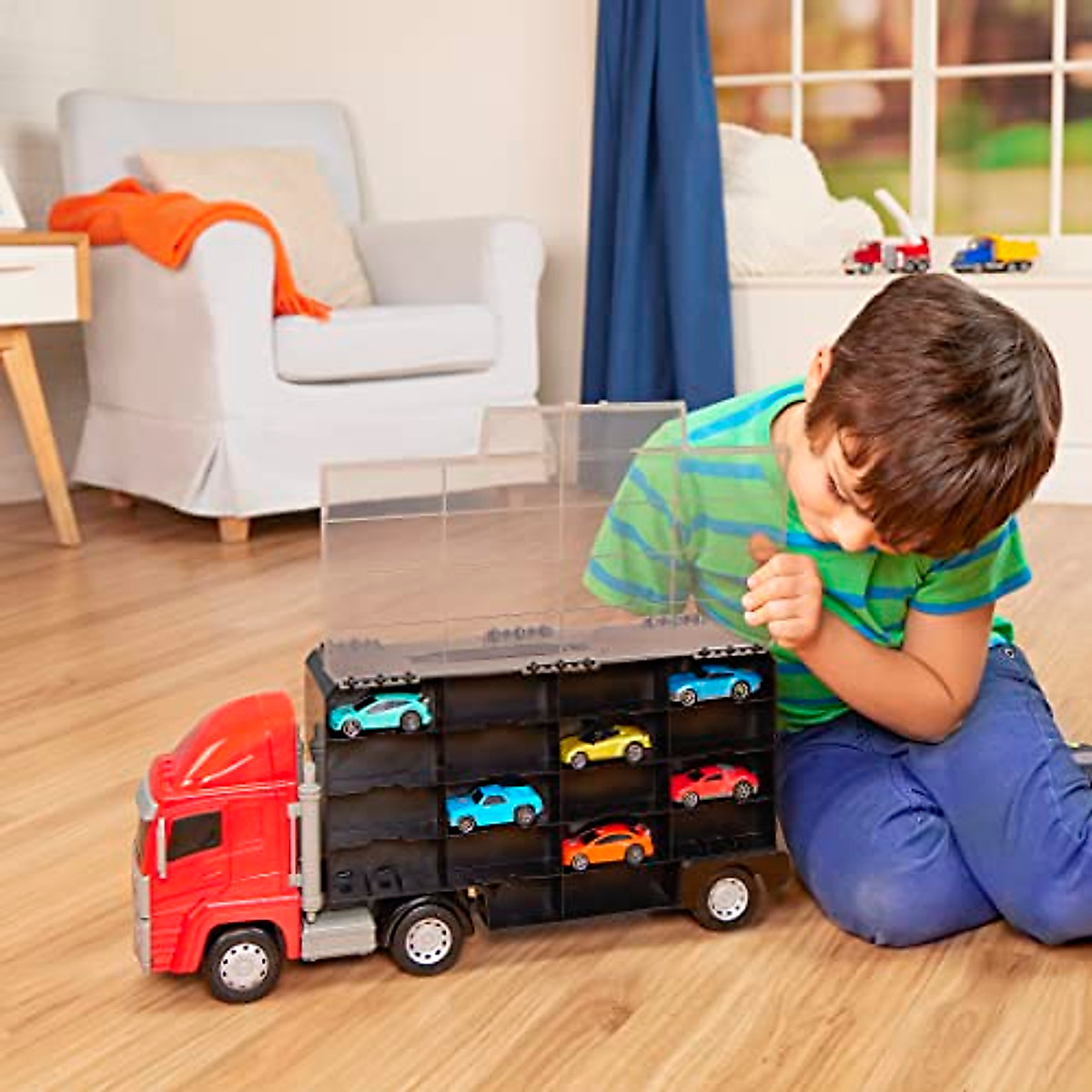 Driven by Battat – Toy Truck Car Carrier — Truck Toy with 34 Storage Space – 10 Pull Back Cars Included – Detachable Trailer – Gift Toy Car for Boys & Girls & Toddlers Aged 3+