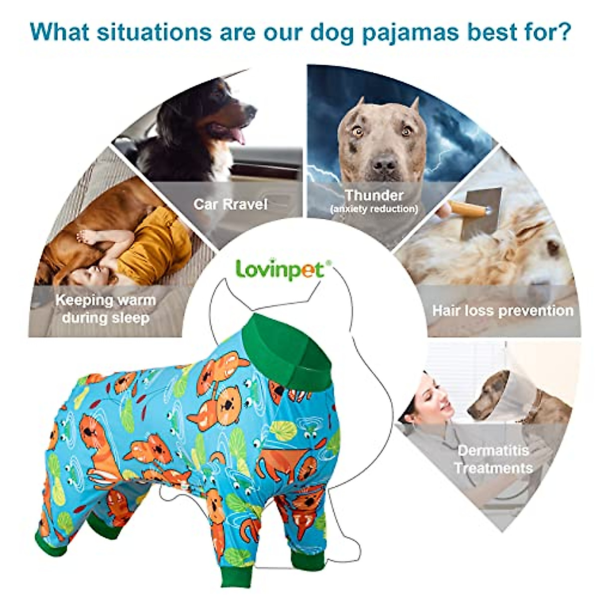 LovinPet Big Dog Jammies for Large Dogs: Lightweight Stretchy Knit Fabric Onesie, Sleeping Otters Print Dog Pajamas, UV Protection, Large Breed Dog Jammies, Pet PJ's/Large