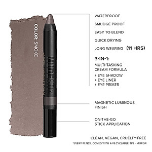 Nudestix Magnetic Luminous Eye Color Pencil, Eyeshadow + Eyeliner + Eyelid Primer + Highlighter Stick, Satin Finish Cream Makeup, Long Lasting, Waterproof, Shade: Smoke