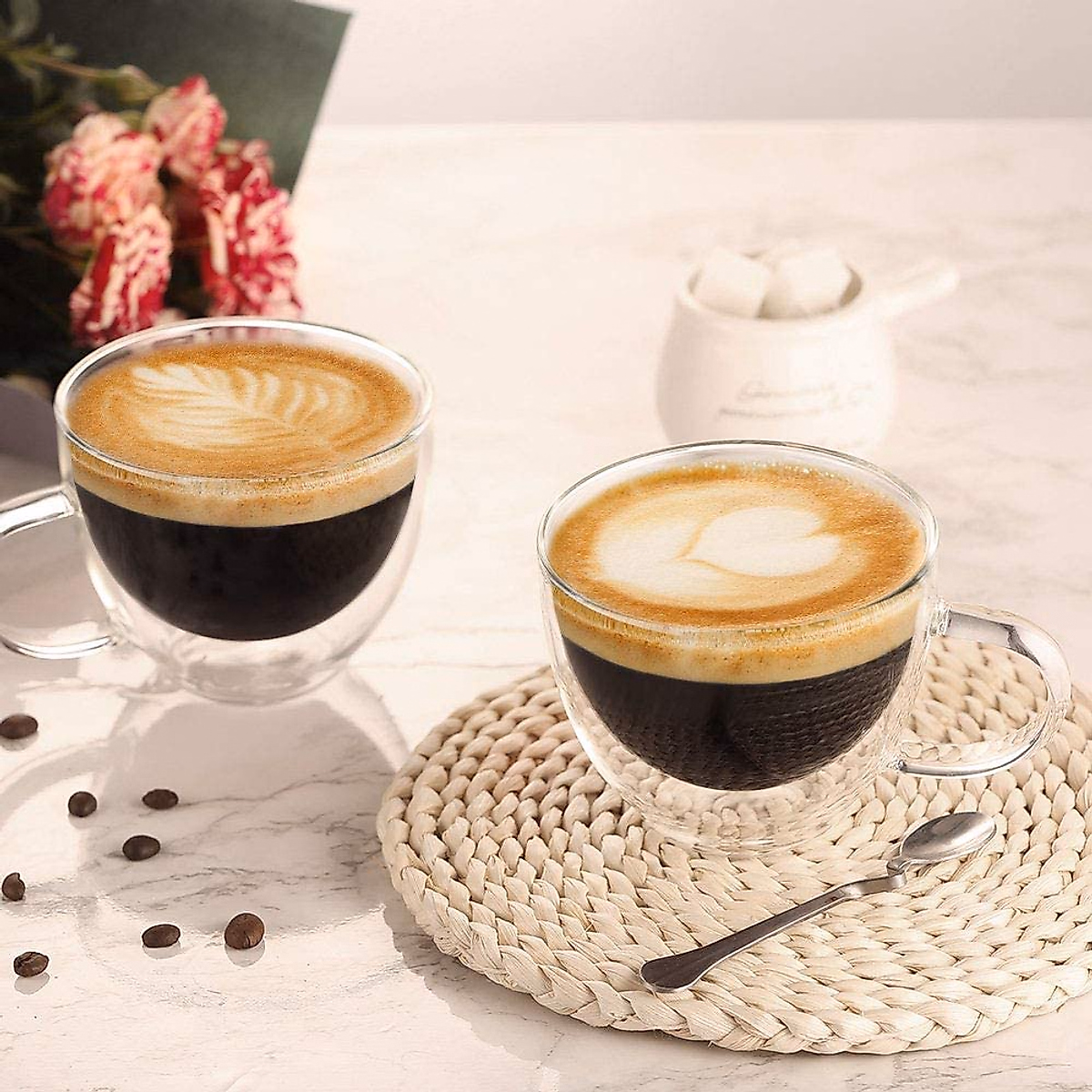 ecooe Double Walled Glass Coffee Mug 12 oz Latte Cappuccino Cups Set of 2, Clear Glass Coffee Cups with Handle, 350 ml Insulated Coffee Cup Borosilicate Heat Resistant Glass Coffee Mug Tea Cup