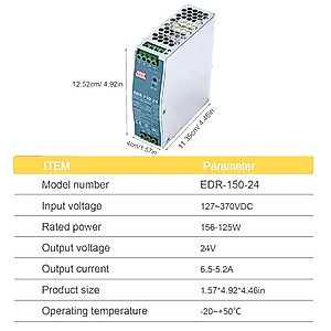 Mean Well EDR-150-24 24V 6.5A 156W/125W Industrial DIN Rail Power Supply - Rugged, Reliable Performance, Wide 90-264VAC Input, Extended -20°C~+60°C Operating Temperature Range