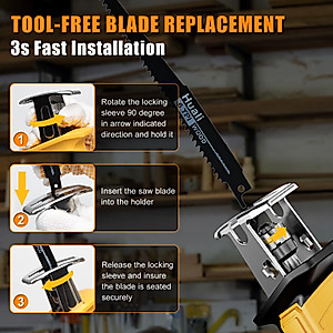 Cordless Reciprocating Saw for DEWALT 20V Max Battery, Brushless Motor Variable Speed 0-3500 SPM, Tool-free Blade Change, AODERTI Recipro Sawzall with 4 Saw Blades for Wood/Metal Cutting (Tool Only)