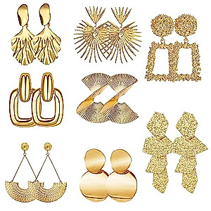 Thunaraz 8 Pairs Gold Statement Earrings for Women 14K Gold Plated Exaggerated Geometric Big Disc Drop Earrings Stylish Ginkgo Leaf Heart Dangle Earrings Jewelry Gifts Stylish Design