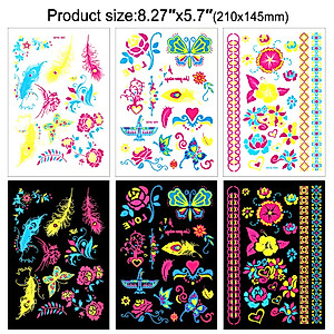 HOWAF 9 Large Sheets Neon Glow in The Dark Temporary Tattoos,100+ Assorted Designs Glow UV Neon Body Face Flowers Butterfly Flash Fake Waterproof Tattoo Stickers for Women Men Girls Body Art