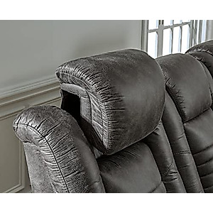 Signature Design by Ashley Soundcheck Contemporary Faux Leather Tufted Power Reclining Loveseat with Control and Adjustable Headrest, Gray