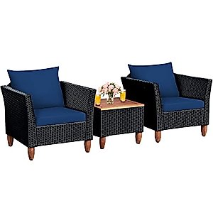 Tangkula 3 Piece Patio Furniture Set, Patiojoy Outdoor Wicker Rattan Bistro Sofa Set w/Washable Cushion, Acacia Wood Top Coffee Table, Conversation Set for Balcony Backyard Porch (Blue)