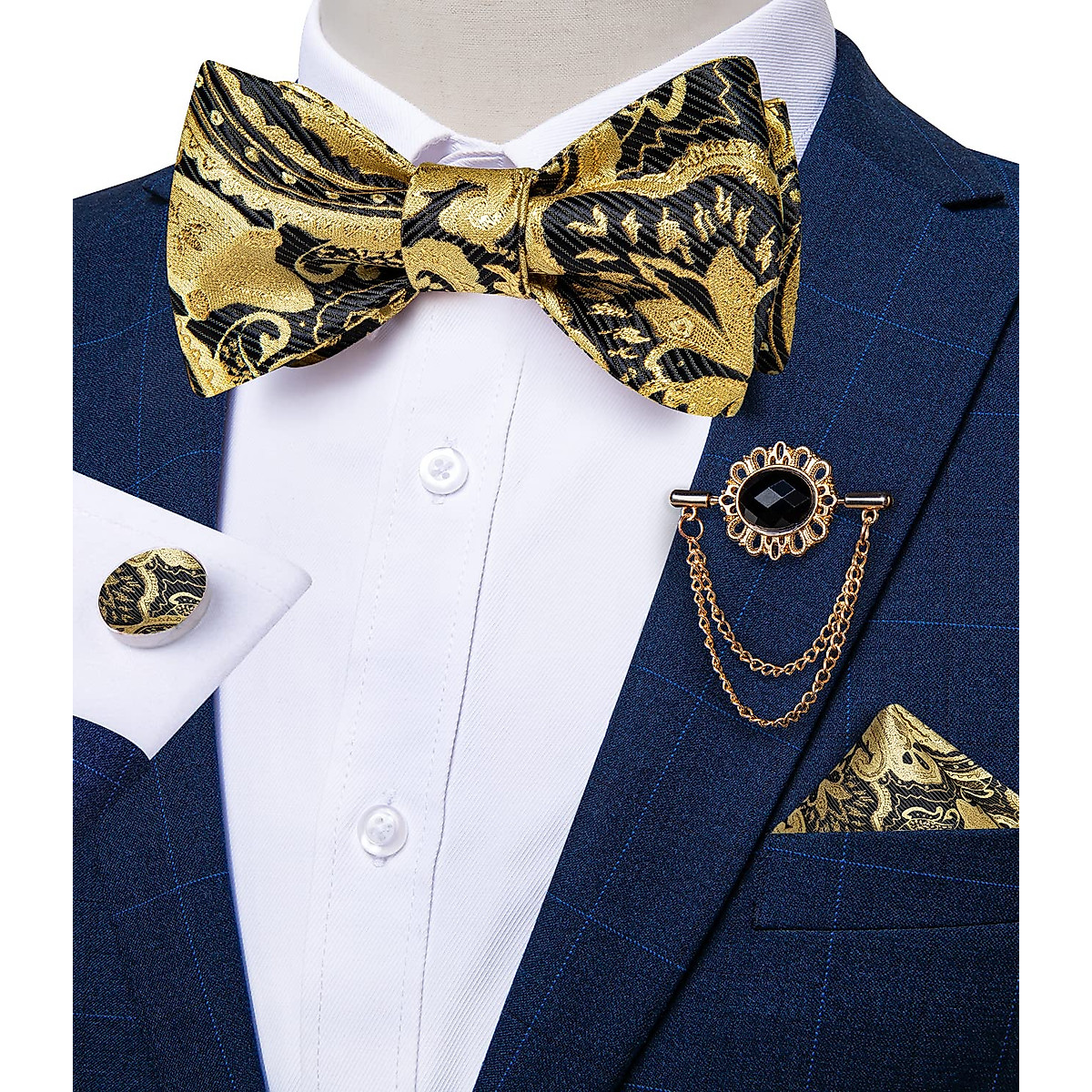 DiBanGu Shiny Black Gold Self Bow Tie for Men Jacquard Woven Paisley Bow Tie Pocket Square Cufflinks Lapel Pin Wedding