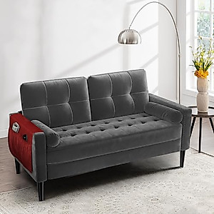 FURNIMAT 58 Inch Loveseat Sofa, 2 Seater Sofa for Small Space, Button Tufted Velvet Grey Couch with 2 Pillows, Mid Century Modern Couch, Small Couches for Living Room, Bedroom, Apartment