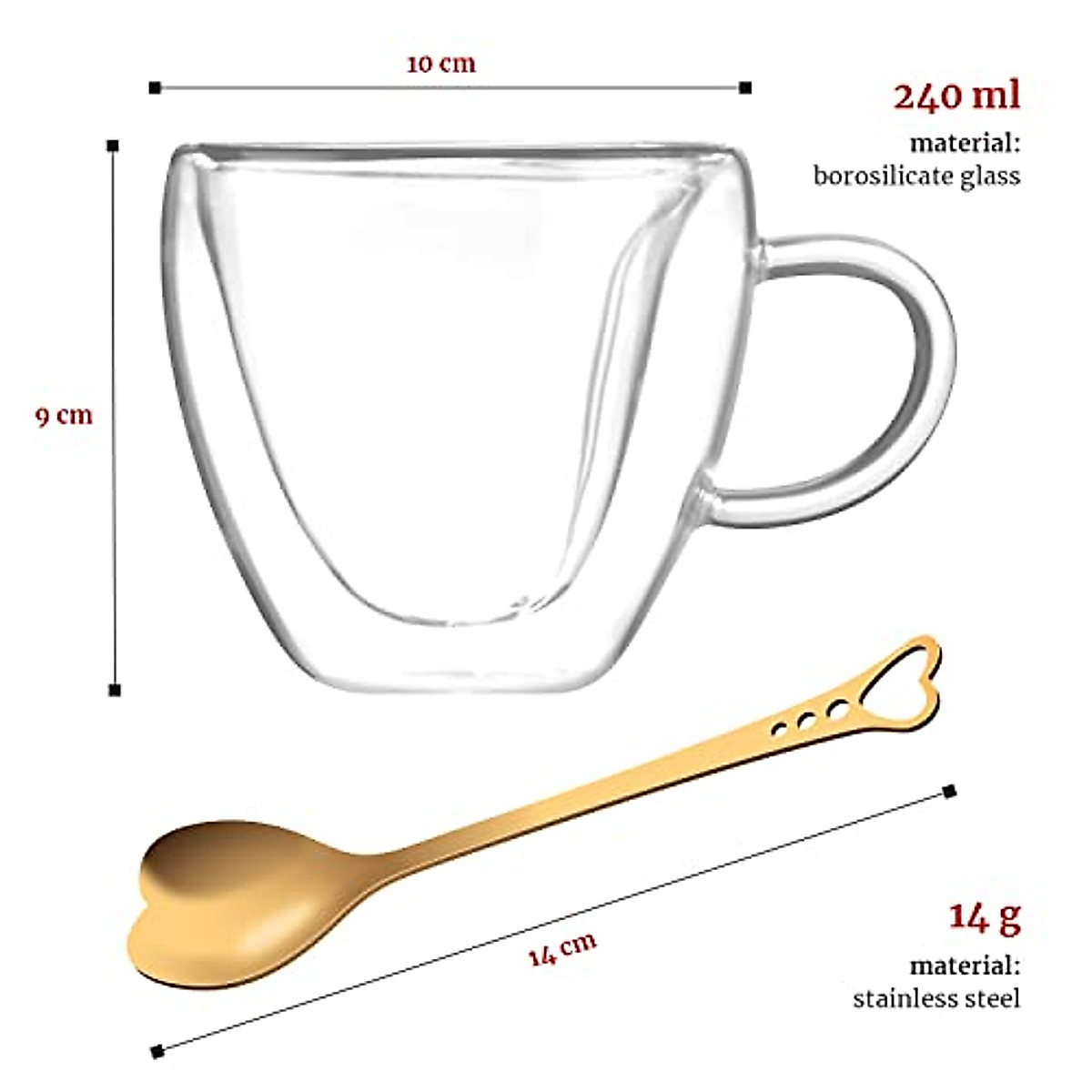 Lucy Sui Heart Shaped Cup - Double Walled Insulated Glass Coffee Mug or Tea Cup - Double Wall Glass 8oz (240ml) - Clear - Unique & Insulated with Handle - With Teaspoon
