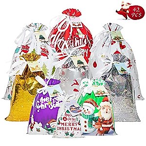 Adubor Christmas Drawstring Gift Bags - 42 PCS Assorted Sizes Christmas Gift Wrapping Bags for Christmas Decorations Small Medium Large Santa Wrapping Bags for Treat, Goodies, Party