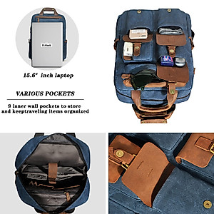 Handadsume Water Resistant Canvas + Leather Large Travel Backpack Rucksack Knapsack Laptop School Bag For Men FB1170 (The Blue)