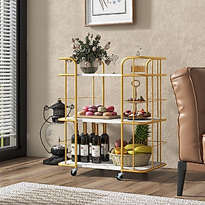 Giantex Gold Bar Cart, Home Island Service Cart, 3 Tier Storage Shelves with Guardrail, Imitation Marble Top, Kitchen Utility Trolley on Wheel Lockable for Dining Room Wine Coffee Bar White (1)