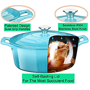 La Cuisine Enameled Cast Iron Oval Dutch Oven Casserole Pot with Lid 5 QT Matte Black Enamel Interior, Teal Porcelain Enamel Coating Finish Exterior