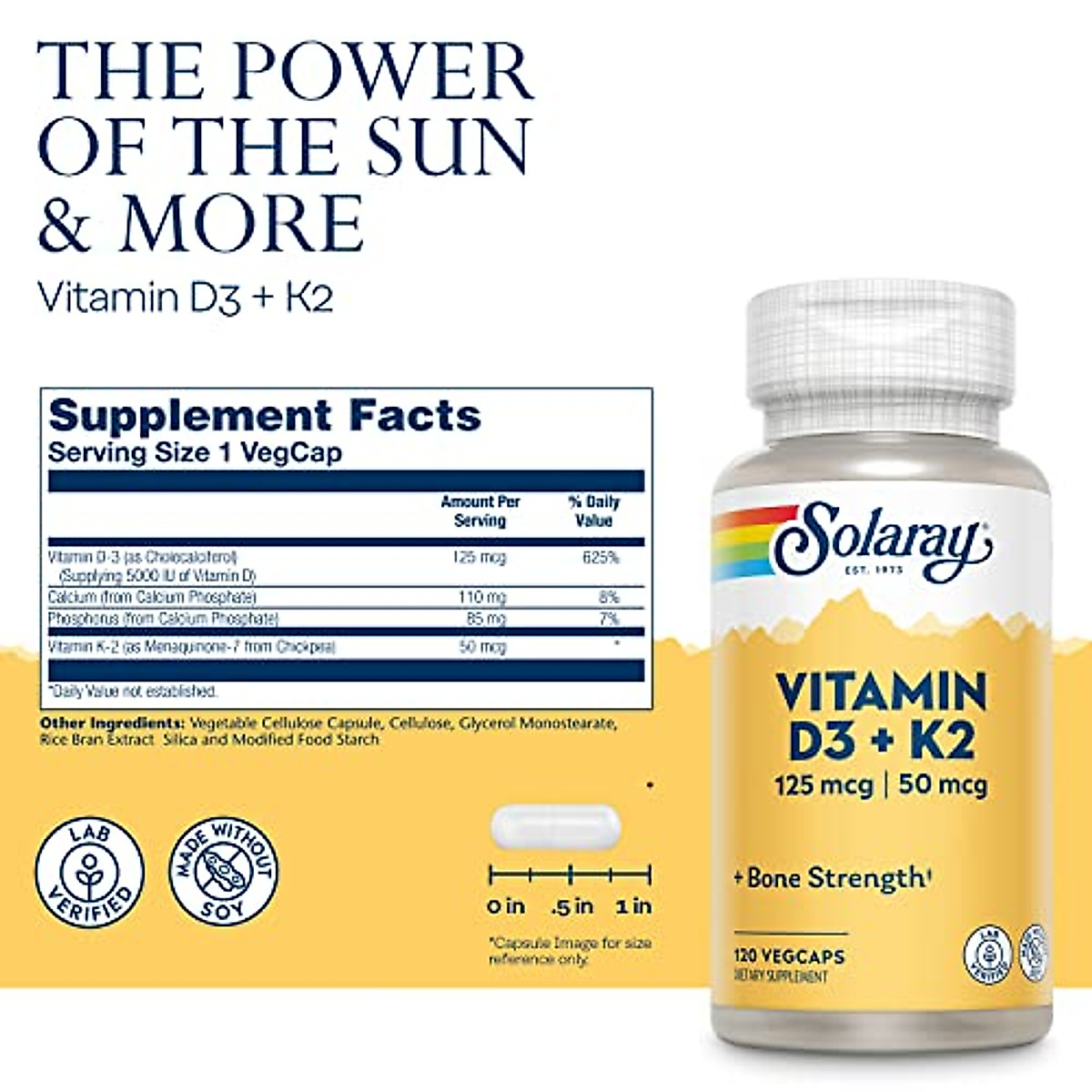 SOLARAY Vitamin D-3 + K-2, Calcium Absorption, Bone Strength, Cardiovascular & Immune Function Support (120 Count (Pack of 1))