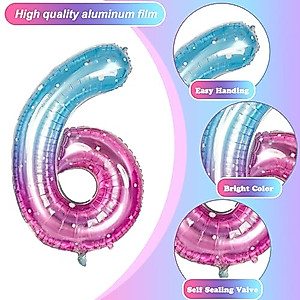 40 Inch Balloon Number 6 Blue Pink, Large Foil Mermaid 6 Balloons Number for Women, Starry Rainbow Globos de Numero 6 Helium Balloons for Girls 6th Birthday Anniversary Graduation Party Decorations