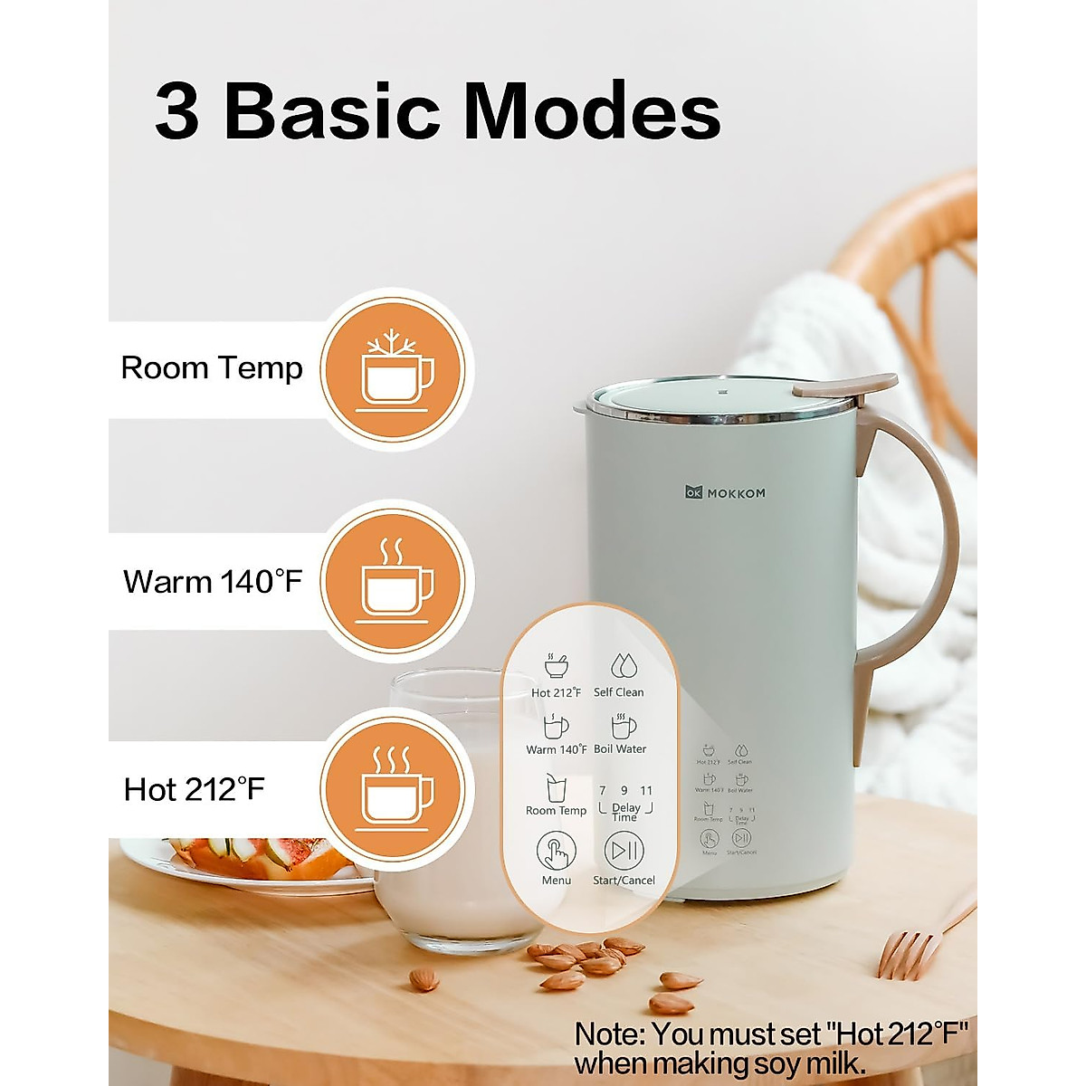 MOKKOM Automatic Nut Milk Maker, 20 oz Soy Milk Maker, Homemade Almond, Oat, Coconut, Soy, Plant-Based Milk and Dairy Free Beverages, Almond Milk Maker with Delay Start/Boild Water/Self Clean - Green