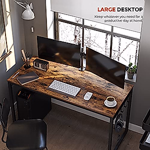 VASAGLE Computer Writing Desk, 47 Inch Office Study Table, Work from Home, with 8 Hooks, Metal Frame, Industrial, 47.2", Rustic Brown