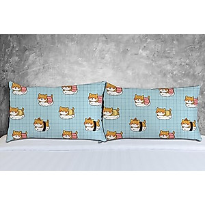 Pillowcase Set of 2 Cute Dog Striped Blue Animal Pillow Cover Pillow Sham for Long Pillow Standard Size 20X26 Inch