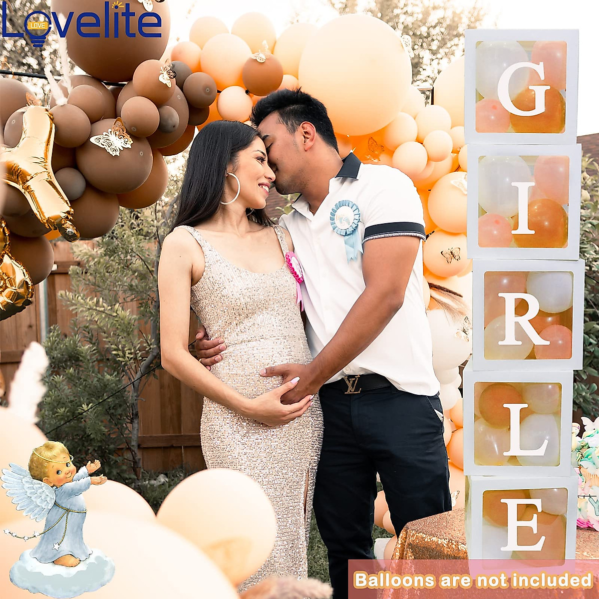 Baby Boxes with Letters, 5 Transparent Baby Shower Balloon Boxes with 78 Letters & Numbers for Gender Reveal Decorations Birthday Wedding Party Grad Backdrop Bridal Shower, White