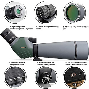 Gosky 20-60x80 Dual Focusing ED Spotting Scope - Ultra High Definition Optics Scope with Carrying Case and Smartphone Adapter for Target Shooting Hunting Bird Watching Wildlife Astronomy Scenery