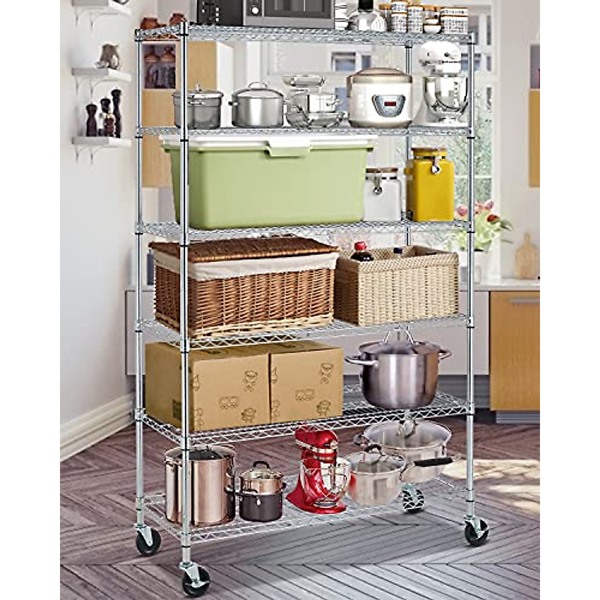 Storage Shelves Wire Shelving Unit Garage Shelving with Wheels Heavy Duty NSF Height Adjustable Steel Commercial Grade Metal Shelving with Castors, 6000 Weight Capacity, for Kitchen Basement Pantry