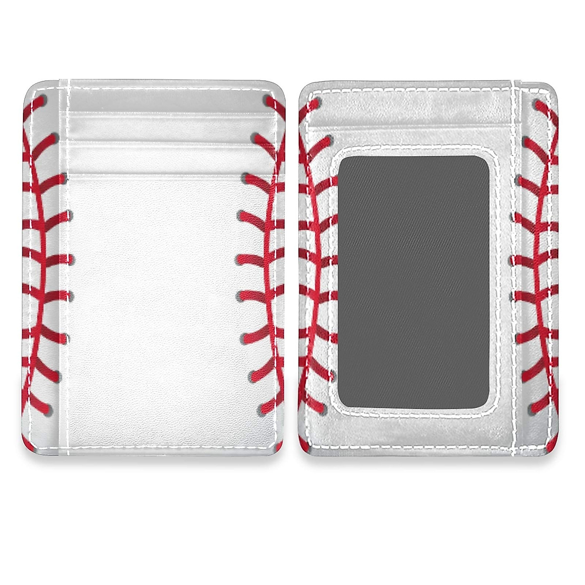 Nincrane Linomo Thin Leather Card Holder and Money Clip Baseball Print Sport Ball Wallet RFID Blocking for Men & Women