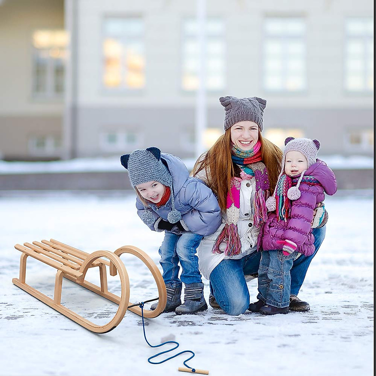 Vispronet Decorative Wood Sled with Horns – 39in Snow Sled – Outdoor Decorative Sled with Solid Wood Seat and Pulley Rope – Laminated Beach Wooden Frame – Holds Up to 200lbs