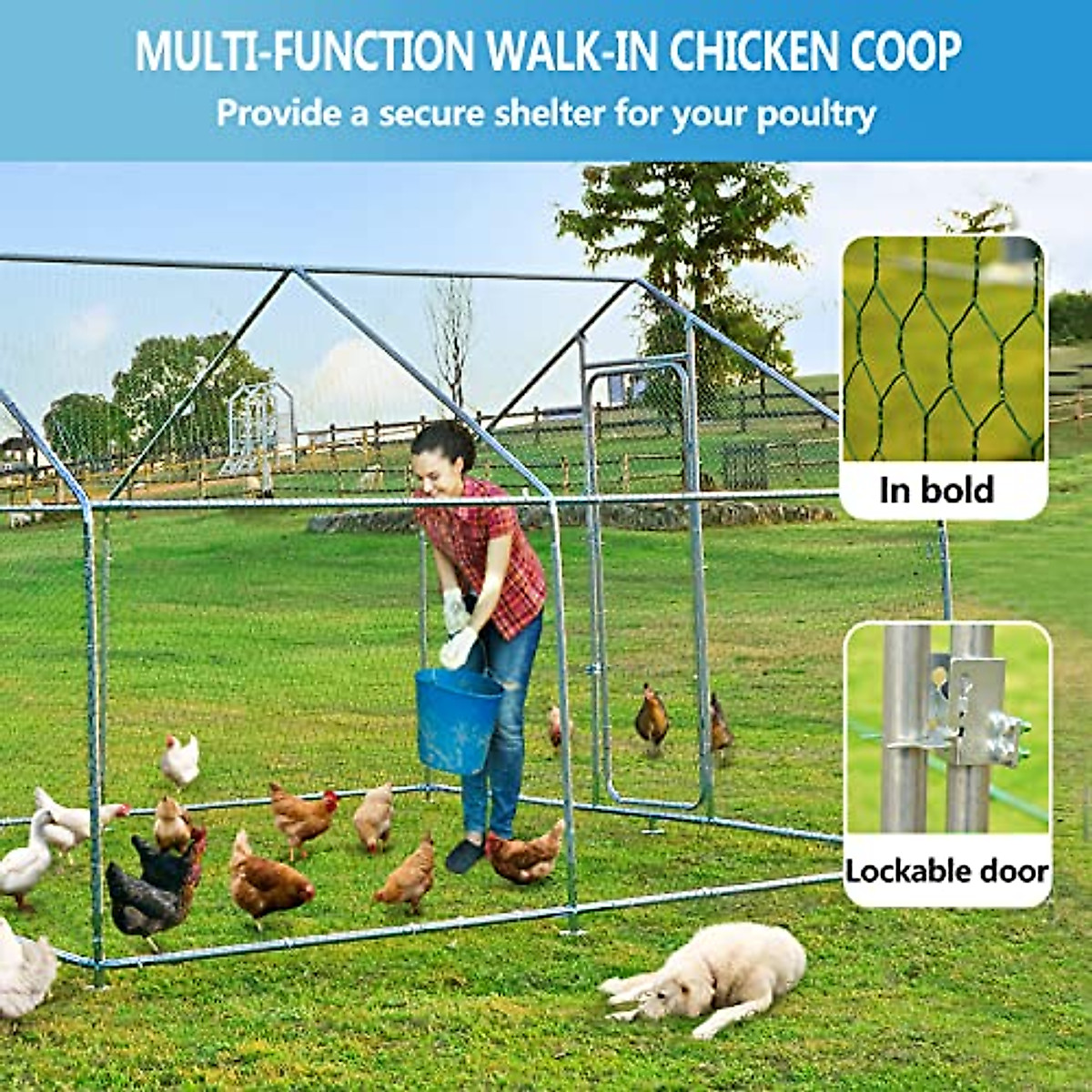 LEISU Outdoor Large Chicken Run Walk-in Chicken Coop with Waterproof Cover Chicken Playpen Metal Hen Cage Duck Cage Enclosure Rabbit Nest Fence Chicken Cages for Backyard Farm (19.7'x9.9'x6.57')