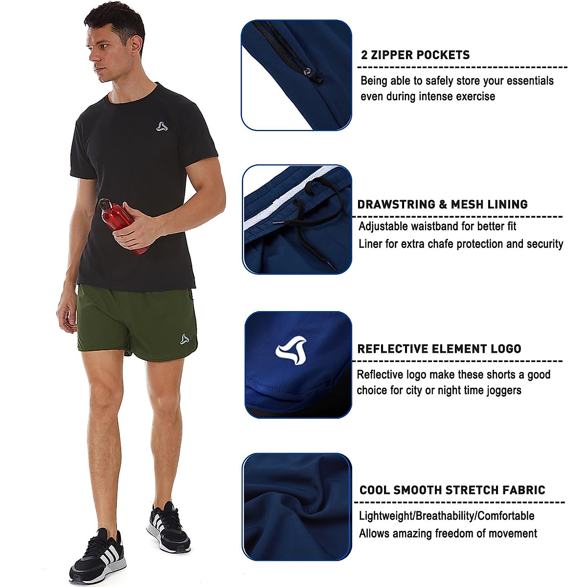 SILKWORLD Men's Running Stretch Quick Dry Shorts with Zipper Pockets(Pack of 3), Black, Army Green, Light Grey, Large