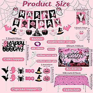 Halloween Birthday Party Decorations Pink and Black Happy Boo Day Halloween Theme Birthday Party Supplies 92 Pcs for Girl Including Backdrop, Tablecloth, Spider Bat Wall Stickers, Balloons