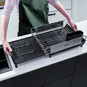 IARTOPS Dish Drying Rack, Dish Rack for Kitchen Counter, Expandable Stainless Steel Dish Strainer with Drainboard, Large Capacity Dish Drainer with Glass Holder, Utensil Holder