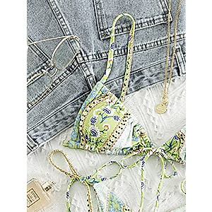 WDIRARA Women's Floral Print Tie Side Swimwear Straps Bikini Sets Swimsuits Green S