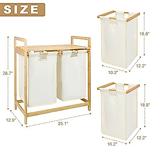 Bellzacasa Bamboo Laundry Hamper Shelf 2 Section Hamper Laundry Basket Bamboo Laundry Organizer with 2 Removable Beige Liner Bag For Bathroom Living Room Bedroom