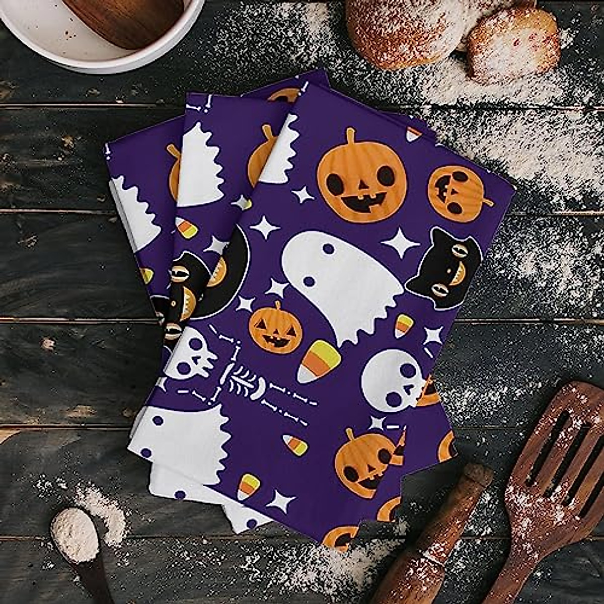 Yun Nist Kitchen Dish Towels,Halloween Cartoon Skeleton Pumpkin Navy Soft Microfiber Dish Cloths Reusable Hand Towels,Black Cat White Ghost Washable Tea Towel for Dishes Counters 1 Pack